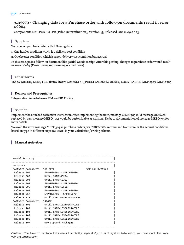 SAP PO Error 06664: Condition Reprocessing | PDF | Receipt | Computing