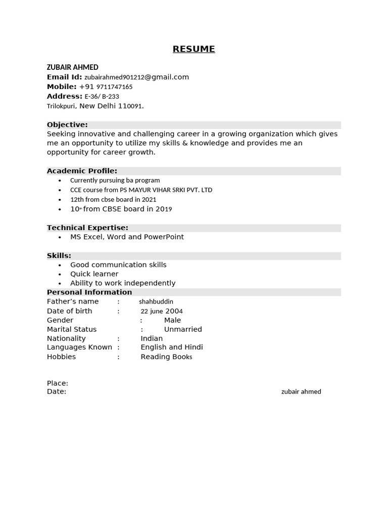 Simple Fresher Resume Format 5 | PDF