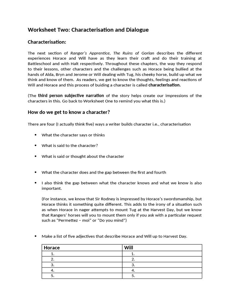 Worksheet Two - Characterisation and Dialogue | PDF | Syntax | Language ...