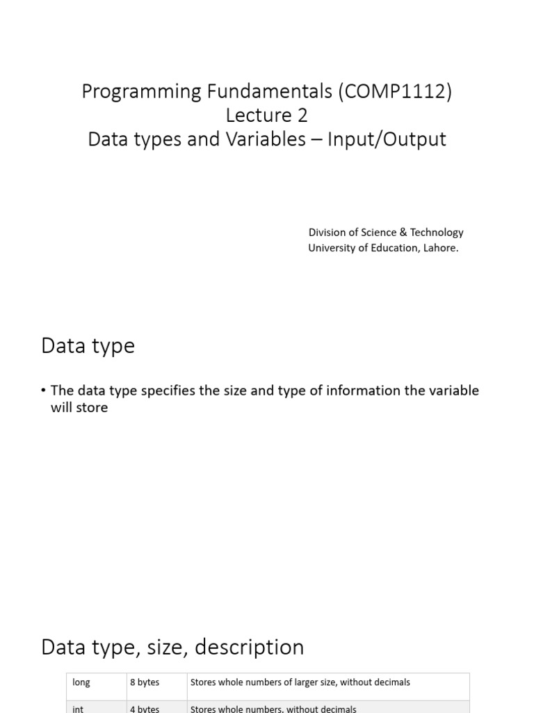 PF Ue Lec 2 | PDF | Integer (Computer Science) | Data Type