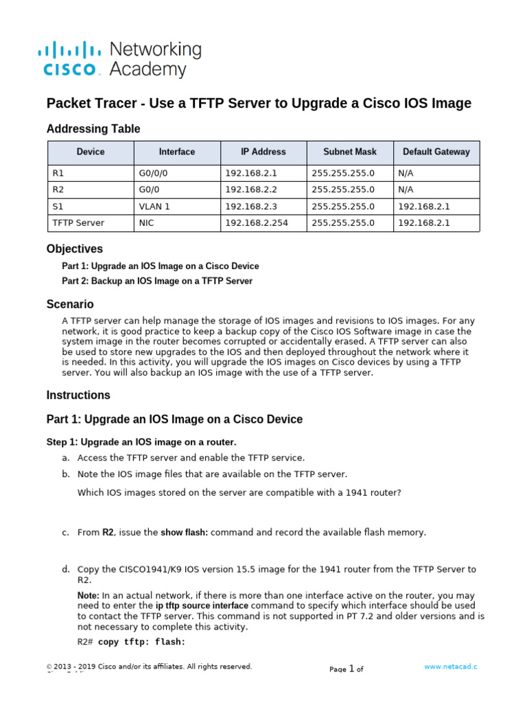 1076 Packet Tracer Use A Tftp Server To Upgrade A Cisco Ios Image Pdf Router Computing