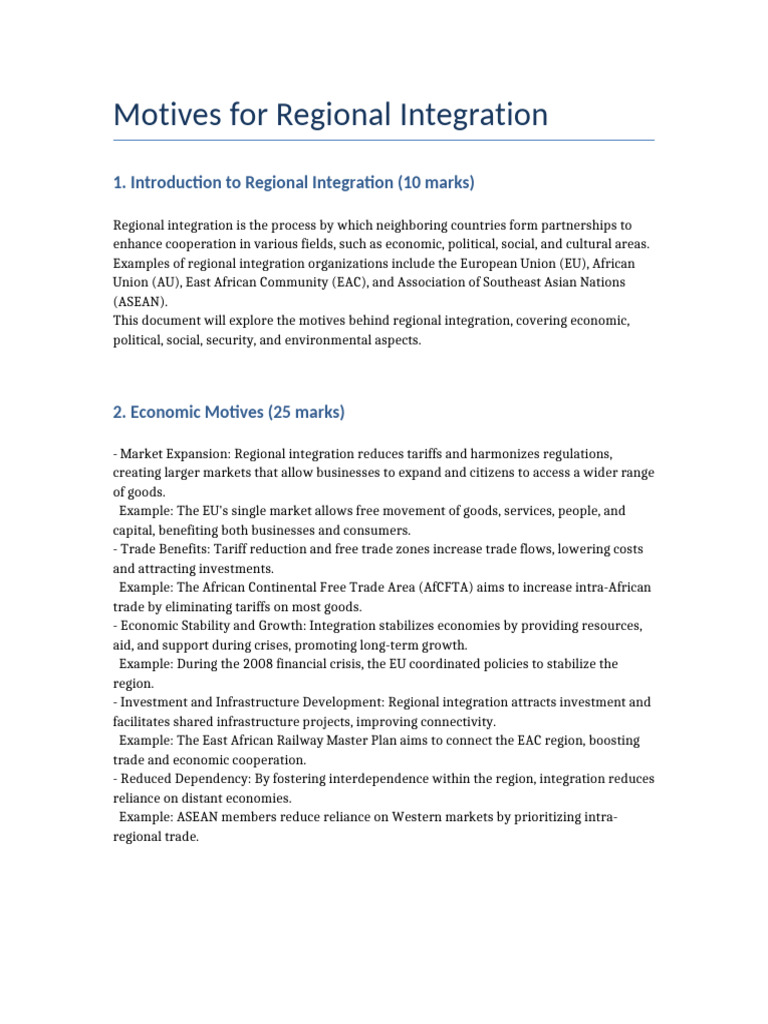 Motives For Regional Integration | PDF | Regional Integration | European Union