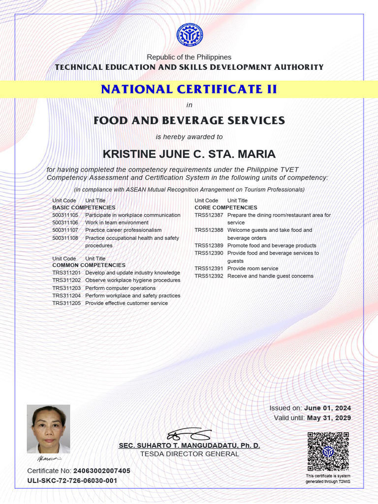 National Certificate Ii: Kristine June C. Sta. Maria | PDF