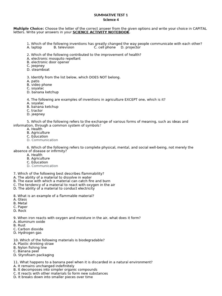 Science 4 - Summative Test 1 Quarter 1 | PDF | Plastic | Water