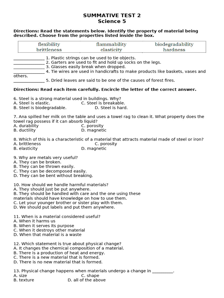 Science 5 Summative Test 1 Quarter 1 | PDF | Combustion | Materials
