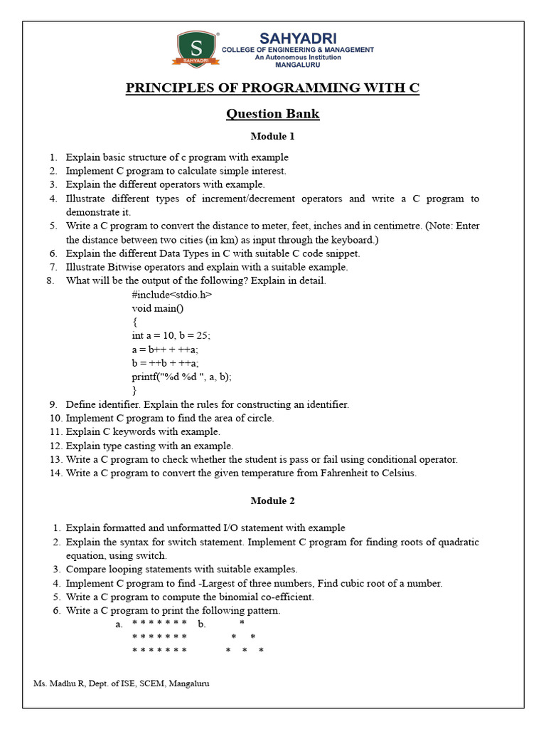 Pop Question Bank Edited Pdf Pointer Computer Programming C Programming Language