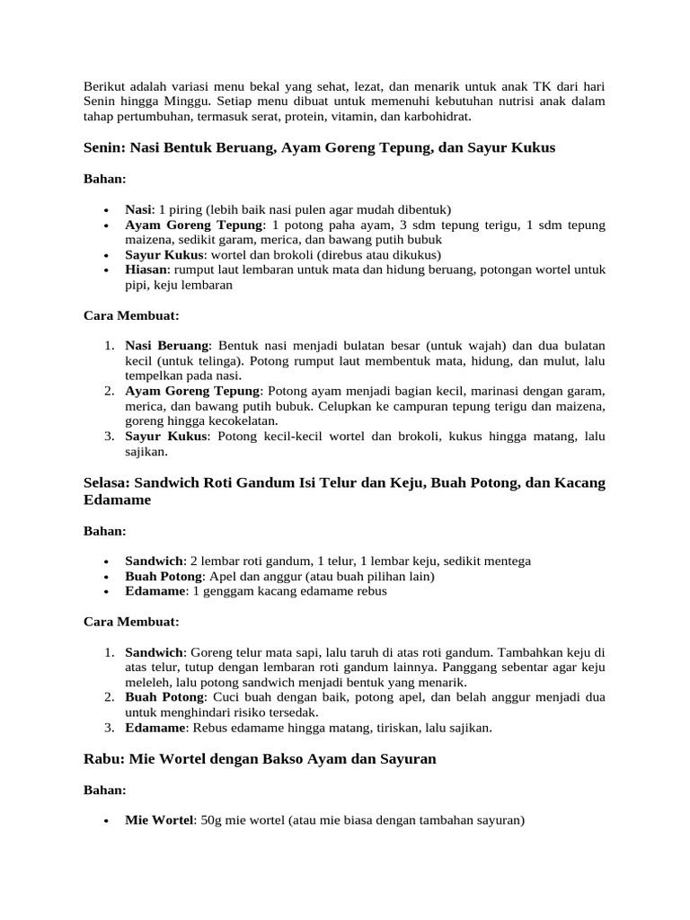 Variasi Menu Bekal Yang Sehat Anak TK | PDF | Memasak, Makanan, & Anggur