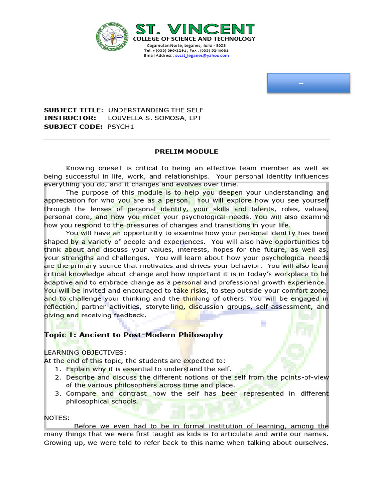 Somosa Psych1 Prelim Module - Leganes - Bsa - 1 Ace | PDF | Philosophy Of Self | Mind