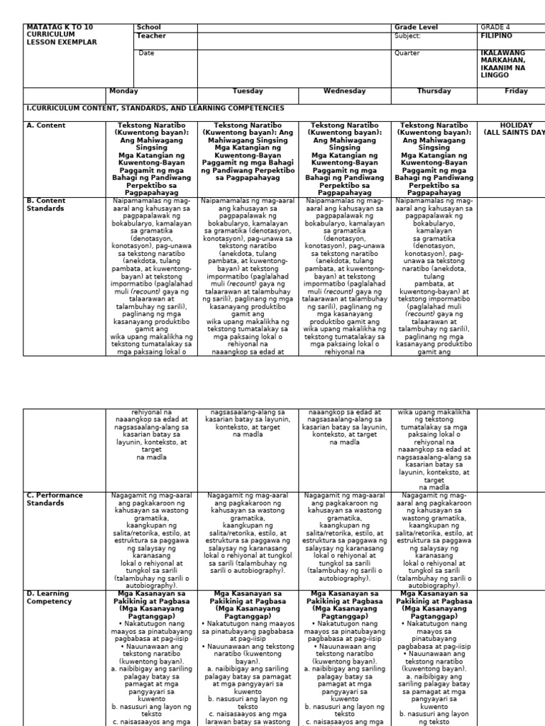 Grade 4-Q2W6 (Matatag DLL) - Filipino | PDF