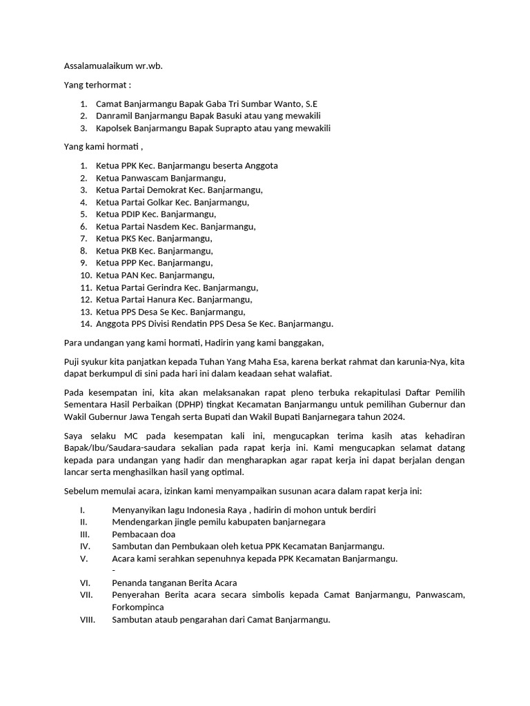 Naskah MC Acara Rapat Pleno | PDF | Memasak, Makanan, & Anggur | Agama ...