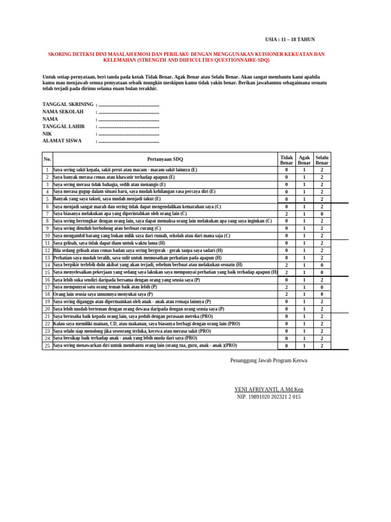 Kuesioner SDQ untuk Usia 11-18 Tahun | PDF