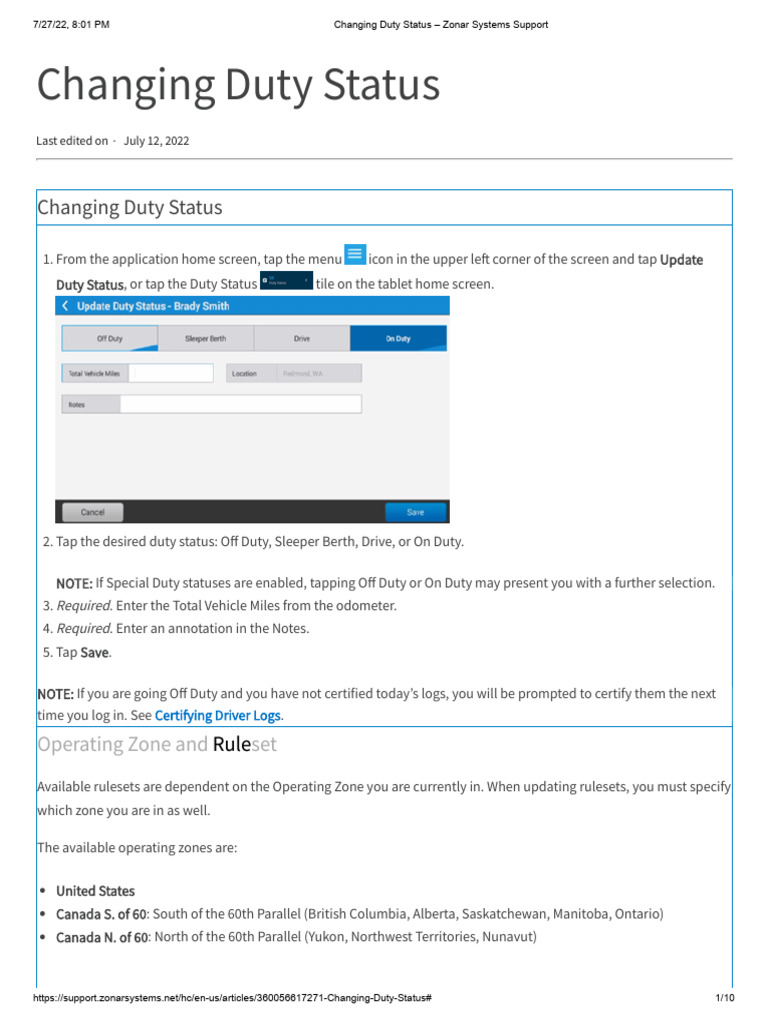 Changing Duty Status - Zonar Systems Support | PDF | Transport