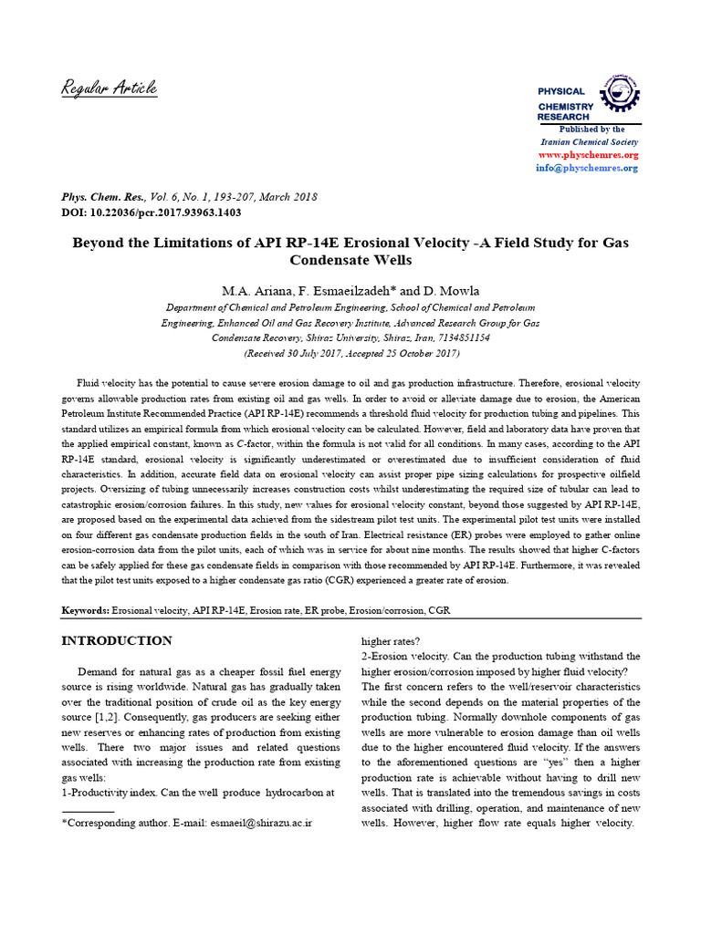 Beyond The Limitations of API RP-14E Erosional Velocity - A Field Study ...