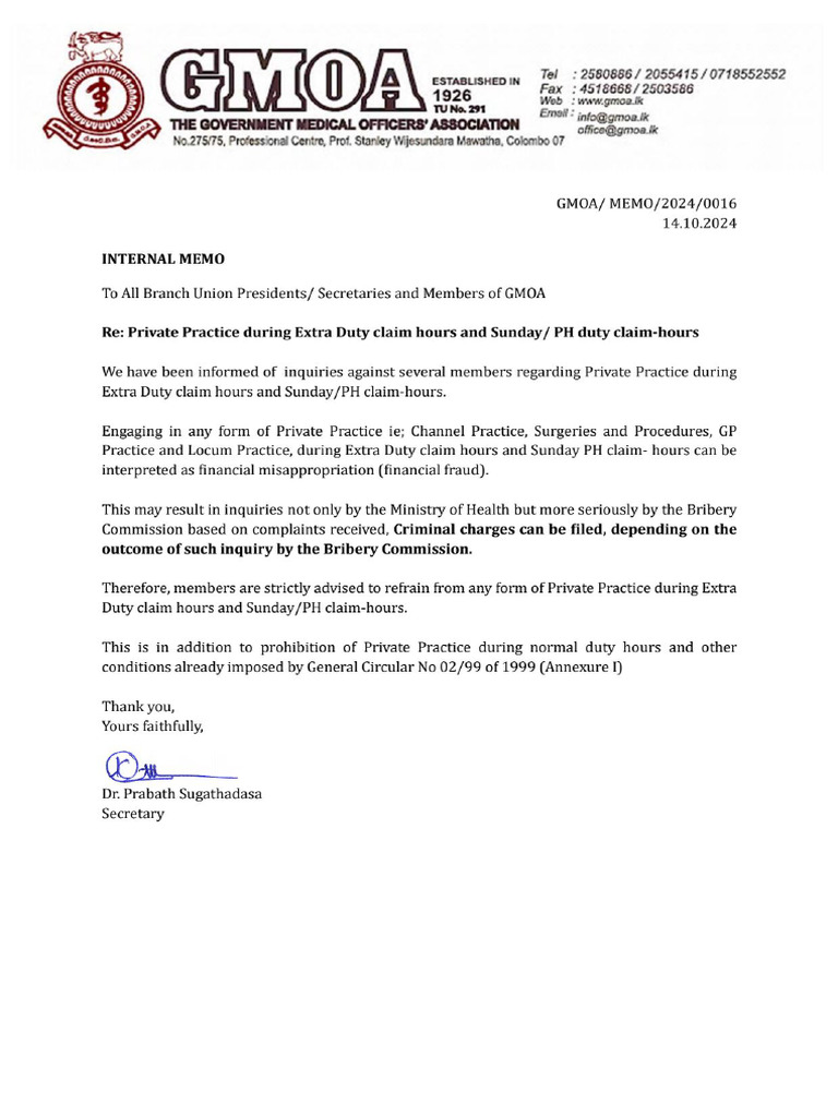 14.10.2024 - MEMO - Re Private Practice During Extra Duty Hours and ...