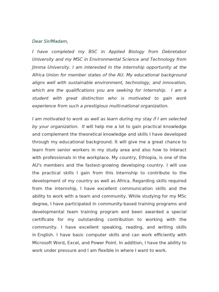 Motivational Letter for AU Internship | PDF
