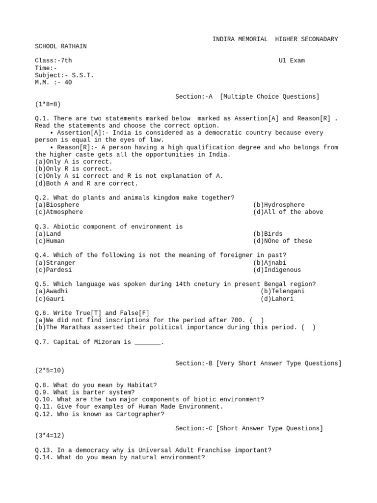 Class 7th SST Q.P. | PDF | Earth Sciences | Nature