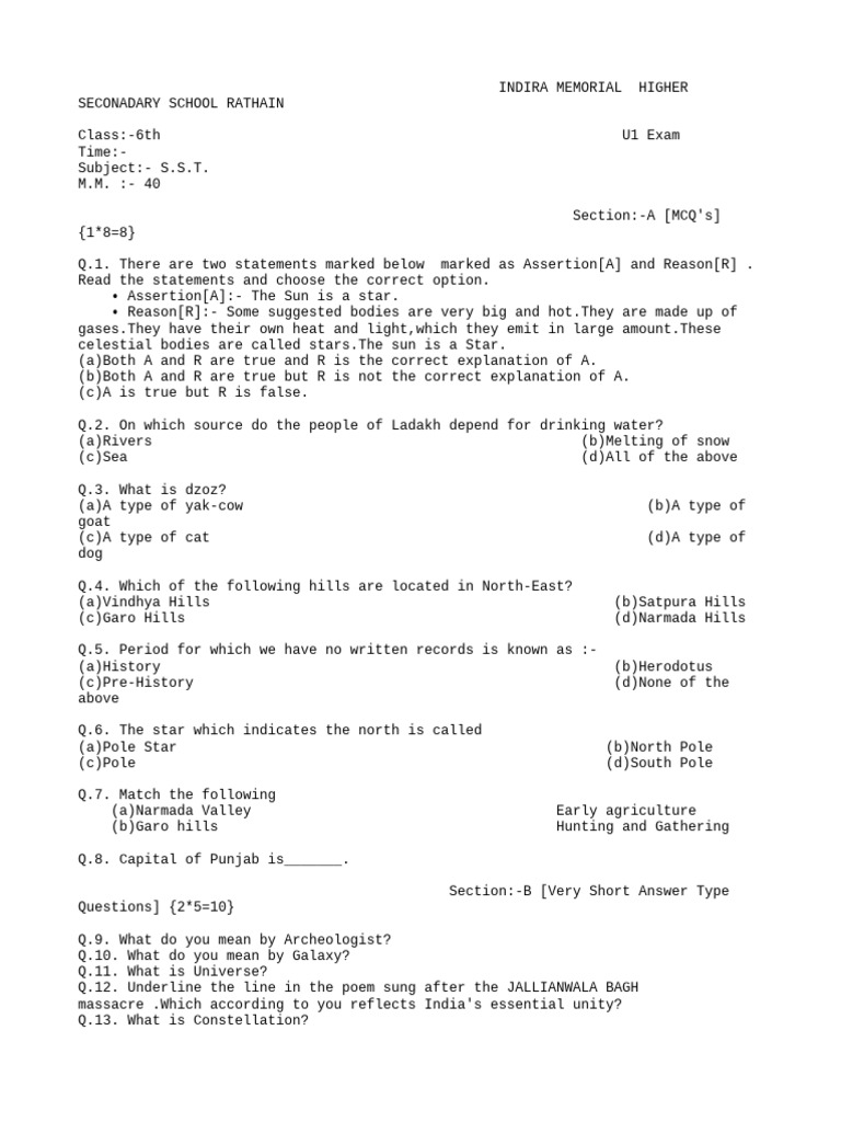 Class 6th SST Q.P. | PDF | Physical Sciences | Astronomy