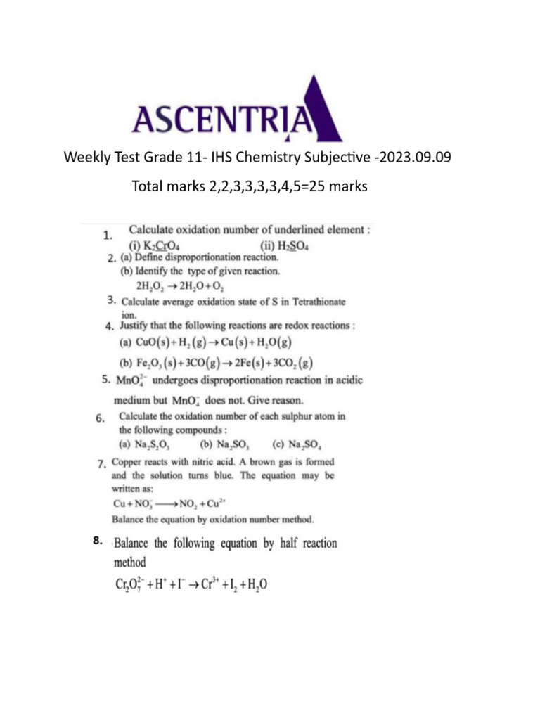Weekly Test Grade 11 - IHS Chemistry Subjective - 2023.09.09 | PDF