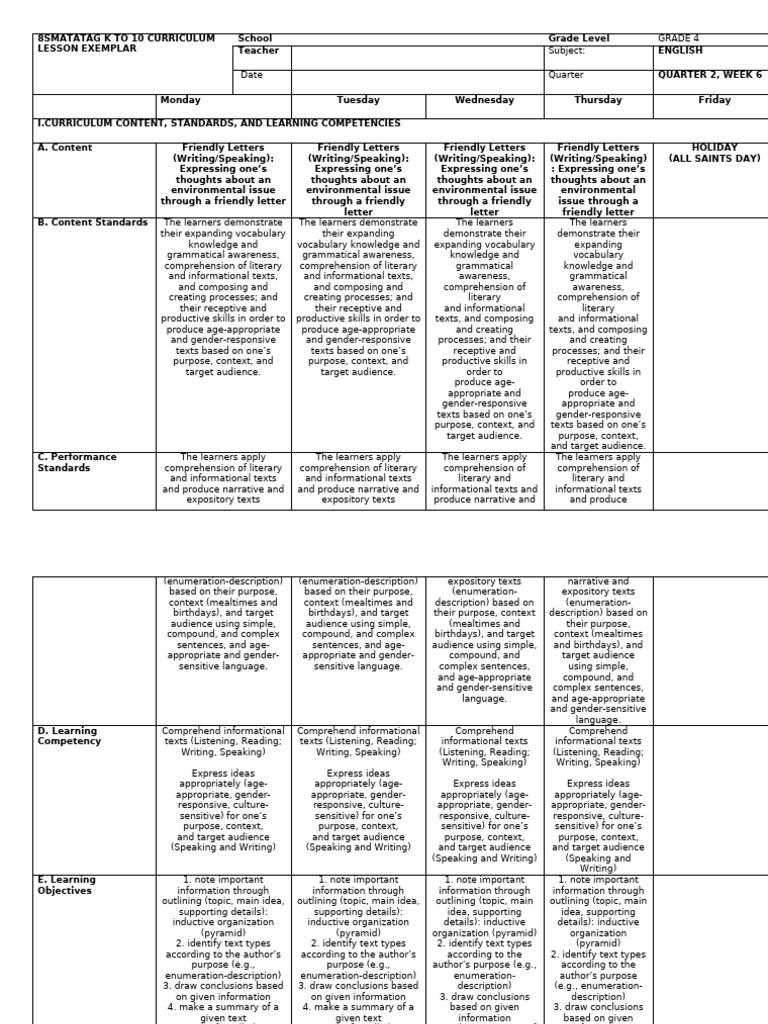 Grade 4 DLL: Quarter 2 Week 6 English | PDF | Reading Comprehension ...