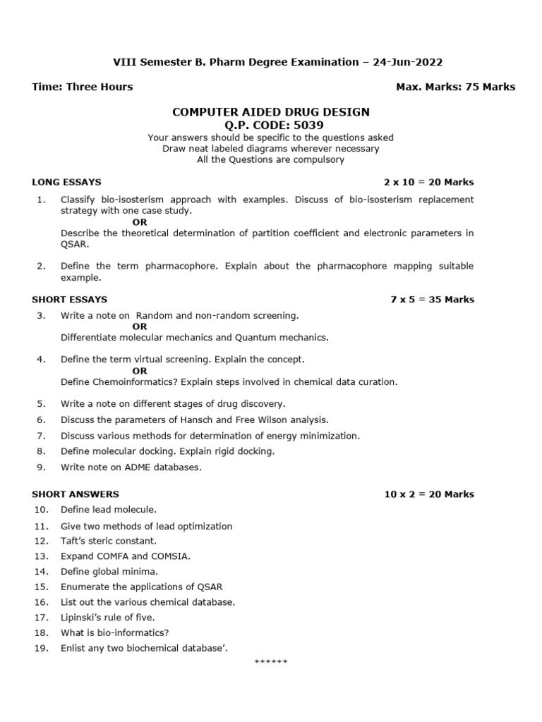 CADD question papers | PDF | Drug Design | Quantitative Structure ...
