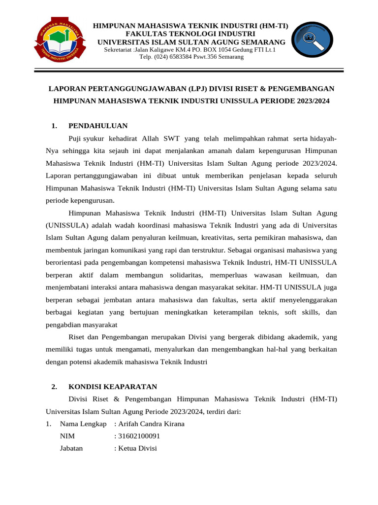 LPJ Divisi Riset HM-TI UNISSULA 2023/2024 | PDF