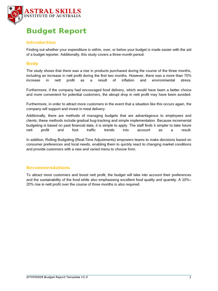 SITXFIN009 Budget Report Template | PDF