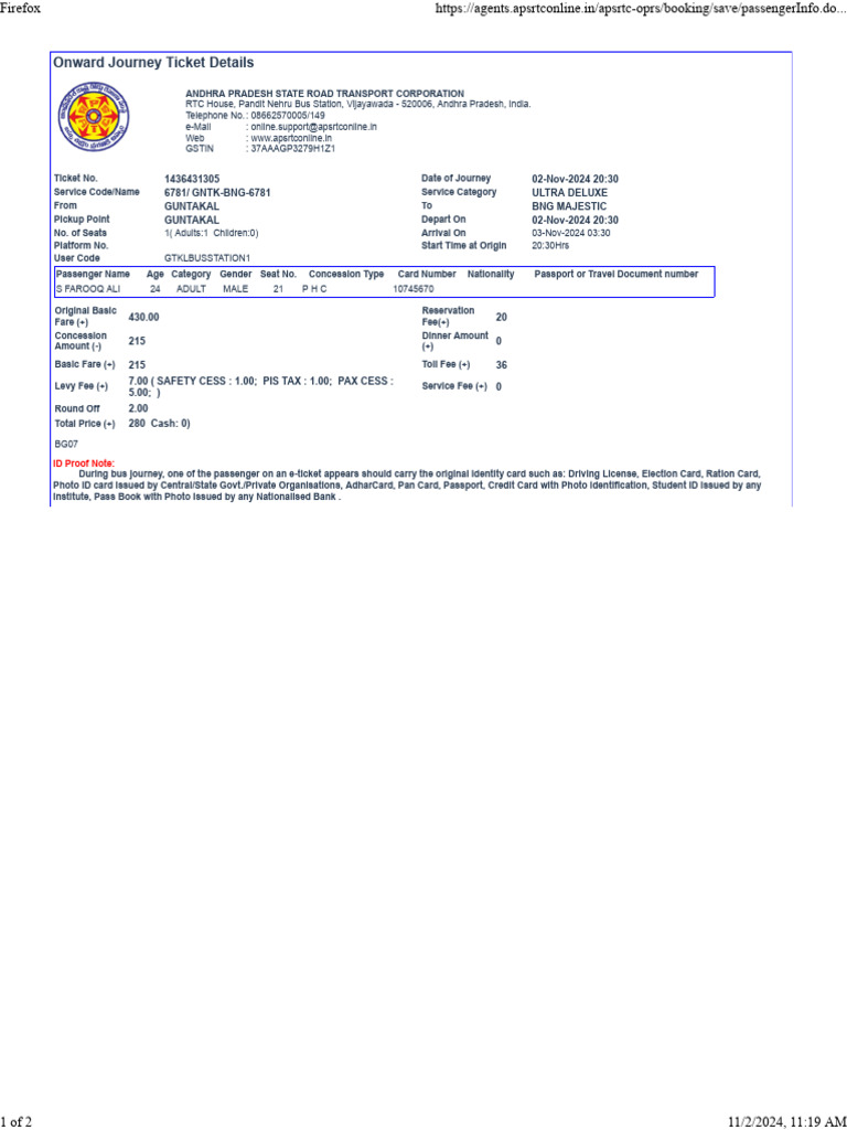 APSRTC Onward Journey Ticket Details | PDF | Identity Document | Ticket ...
