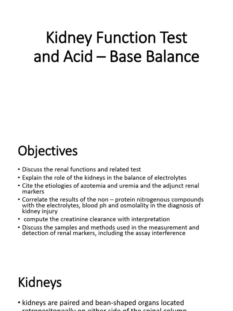 Kidney Function Test and Acid Base Balance | PDF | Kidney | Urinary System