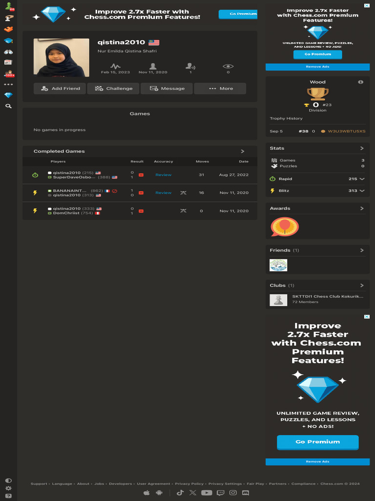 Nur Emilda Qistina Shafri (Qistina2010) - Chess Profile | PDF | Chess | Chess Competitions