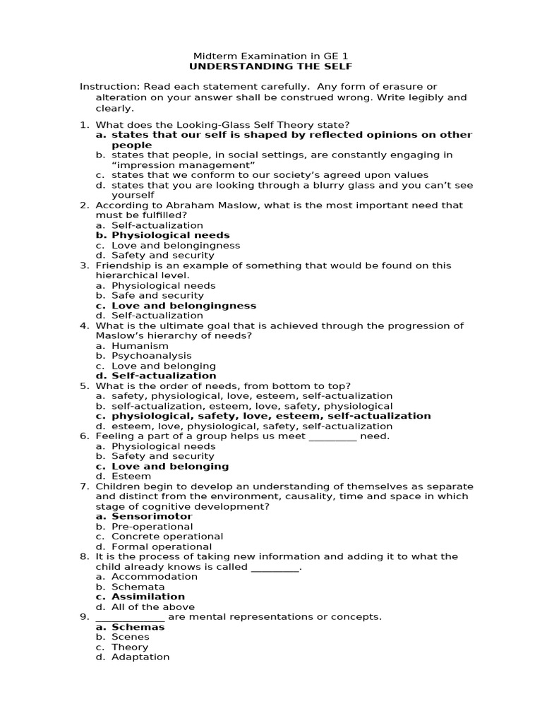 UTS Midterm Exam | PDF | Self Actualization | Humanistic Psychology