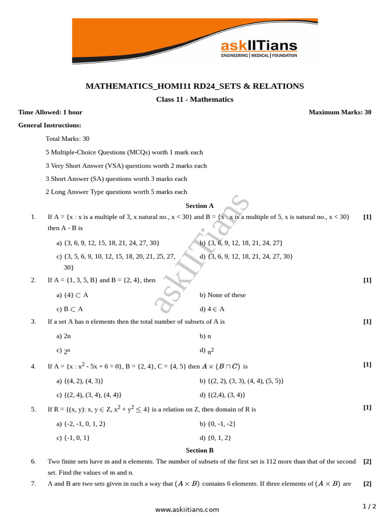 Sets Relation and Function - Question Paper | PDF | Standardized Tests ...