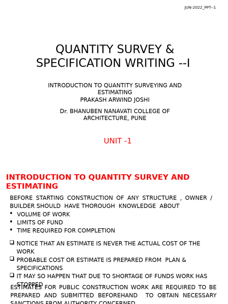 1 - Unit I - Introduction To Quantity Surveying Estimating | PDF ...