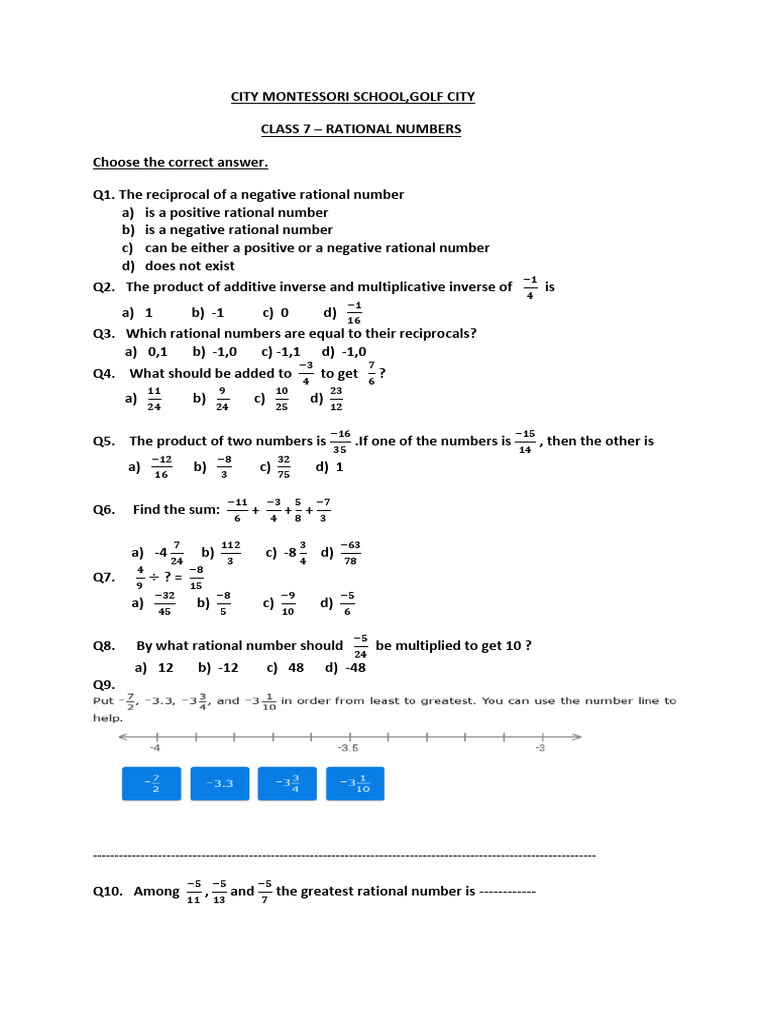 Class 7 Rational Numbers Quiz | PDF