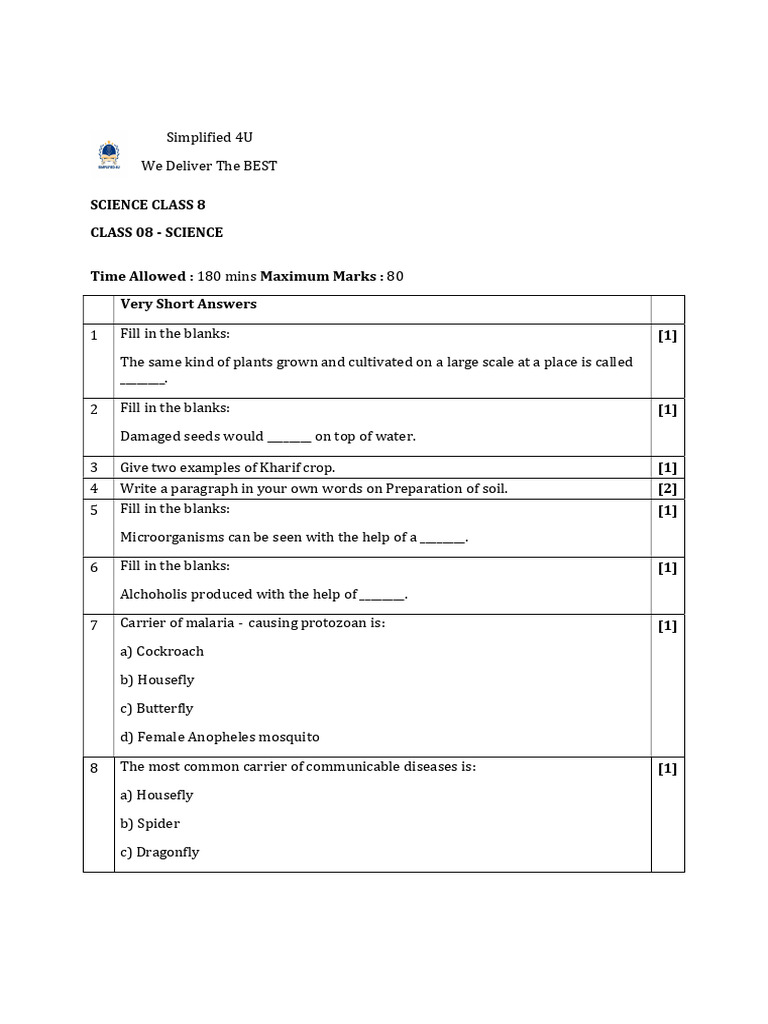 SCINECE Class 8 Model Test Paper Mid Term NCERT BASED | PDF | Nature