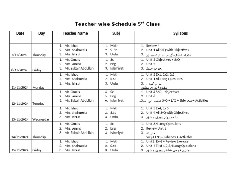 5th Class Teacher Schedule 2024 | PDF | Language Arts & Discipline ...