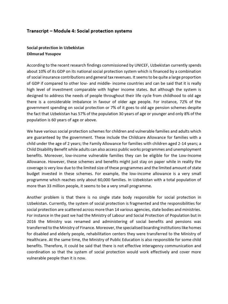 SP Course Transcript - Module 4 - Social Protection Systems | PDF ...