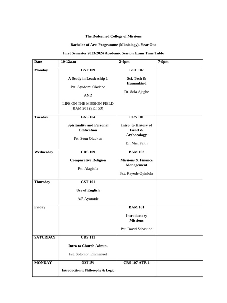 Ba 1ST Sem Examination Time Table 2023 2024 Academic Session-2 | PDF ...