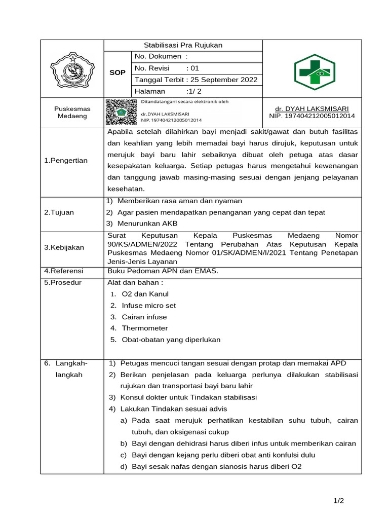 SOP STABILISASI PRA RUJUKAN Edit | PDF