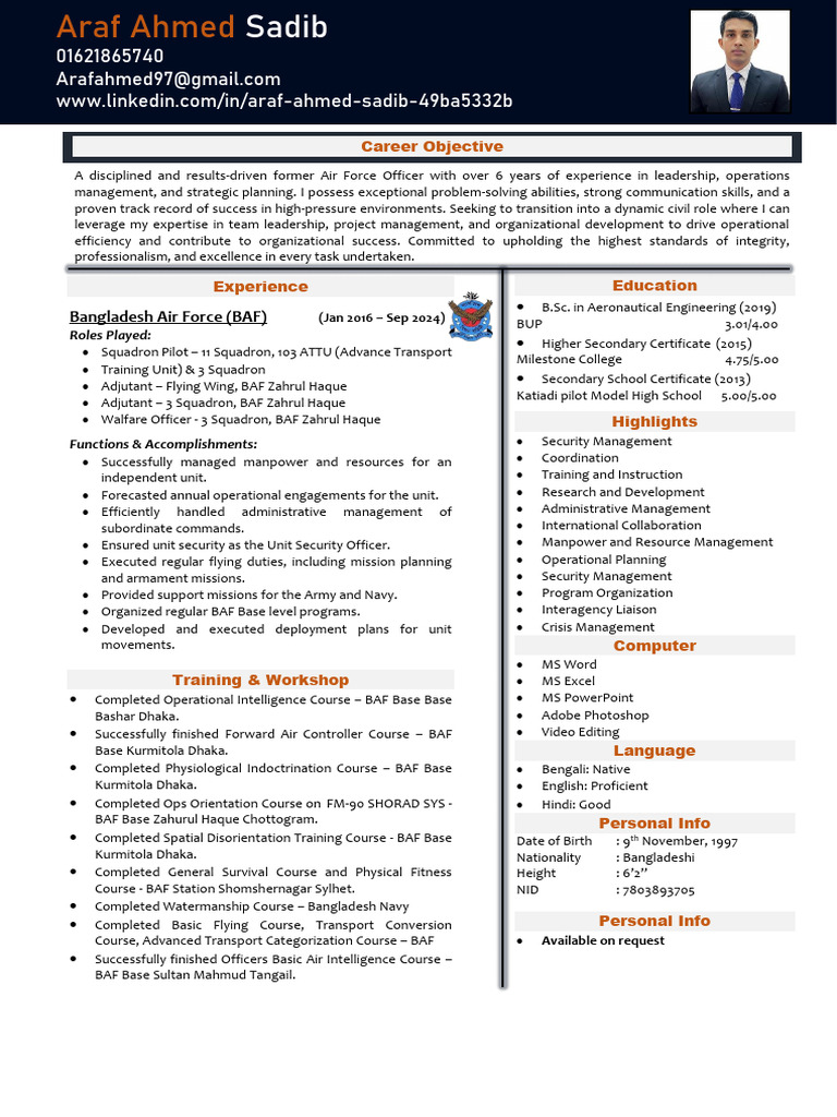 Araf Ahmed Sadib CV | PDF | Squadron (Aviation) | Leadership