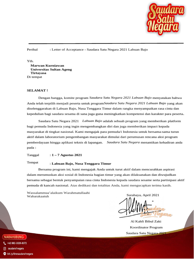 Letter of Acceptance - Saudara1Negara 2021 Labuan Bajo | PDF | Ilmu Sosial