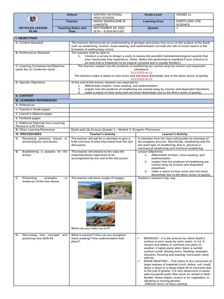 DLP-Q1-Exogenic Processes 1.1 | PDF | Erosion | Landslide