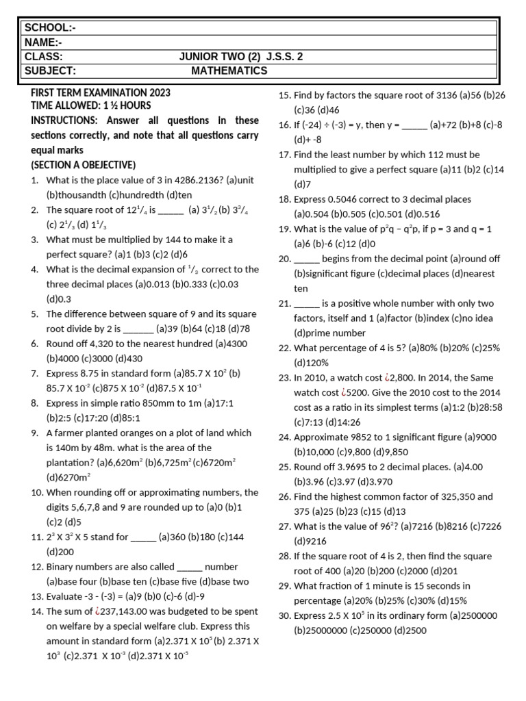 Mathematics JSS2 Exam 1ST Term | PDF | Significant Figures | Numbers