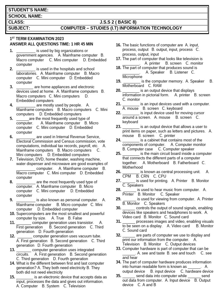 COMPUTER STUDIES JSS2 FIRST TERM EXAM | PDF | Computer Hardware | Bit