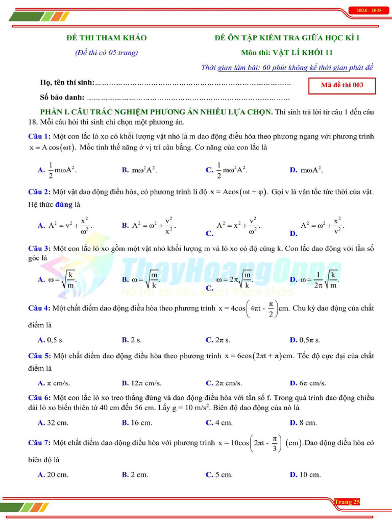 3 - De Thi Thu GK1 - Lop 11 | PDF