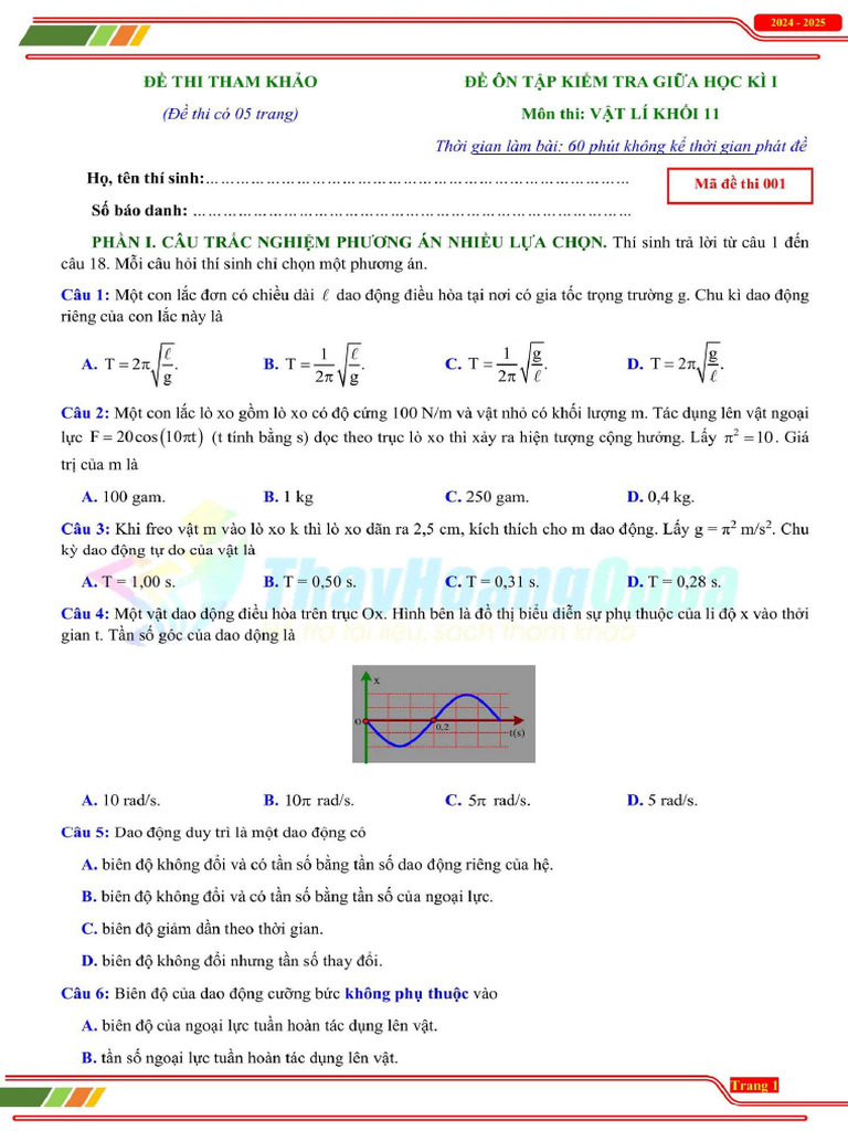 1 - de Thi Thu GK1 - Lop 11 | PDF