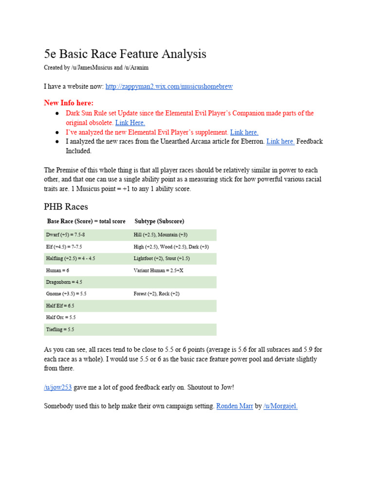 5 e Race Analysis Creation Guide | PDF | Dungeons & Dragons | D20 System