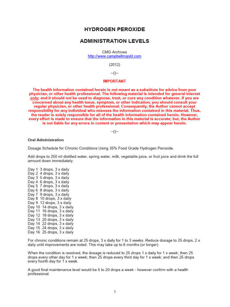 Hydrogen Peroxide Admin Levels | PDF | Magnesium | Hydrogen Peroxide