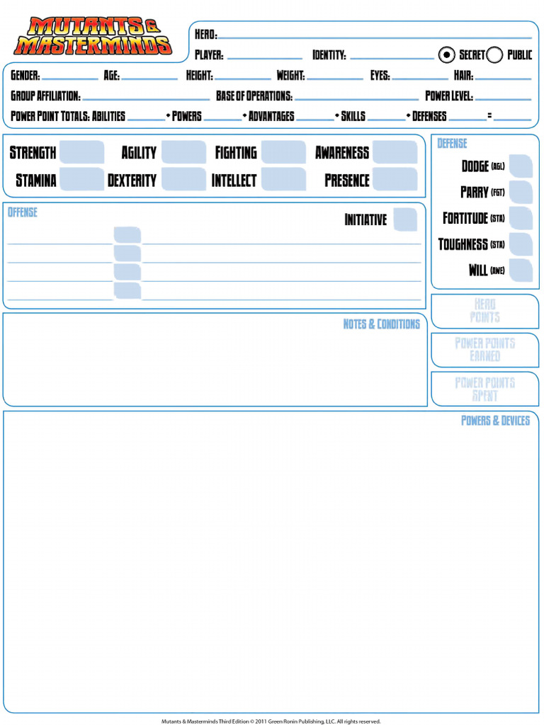 M&M Editable Character Sheet Generic | PDF | Role Playing Games ...