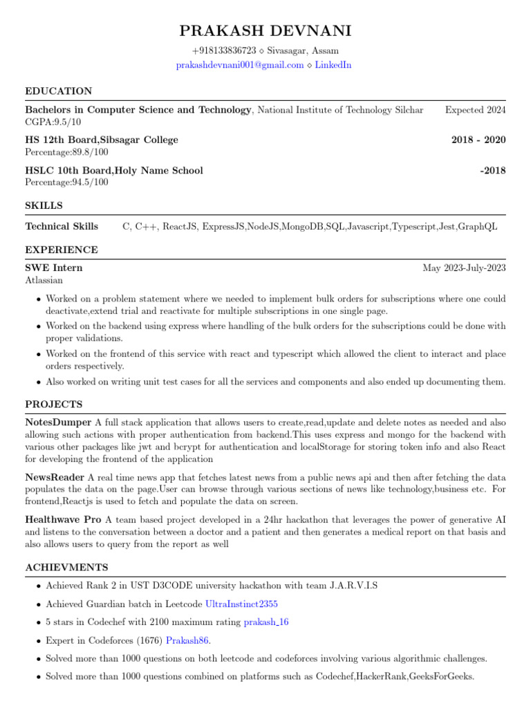 AtlassianPrakash Devnani Resume | PDF | Information Technology Management | Computer Science