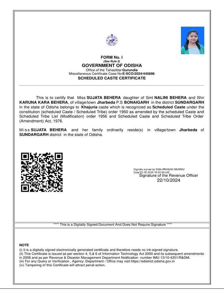 Schedule Caste. Certificate | PDF